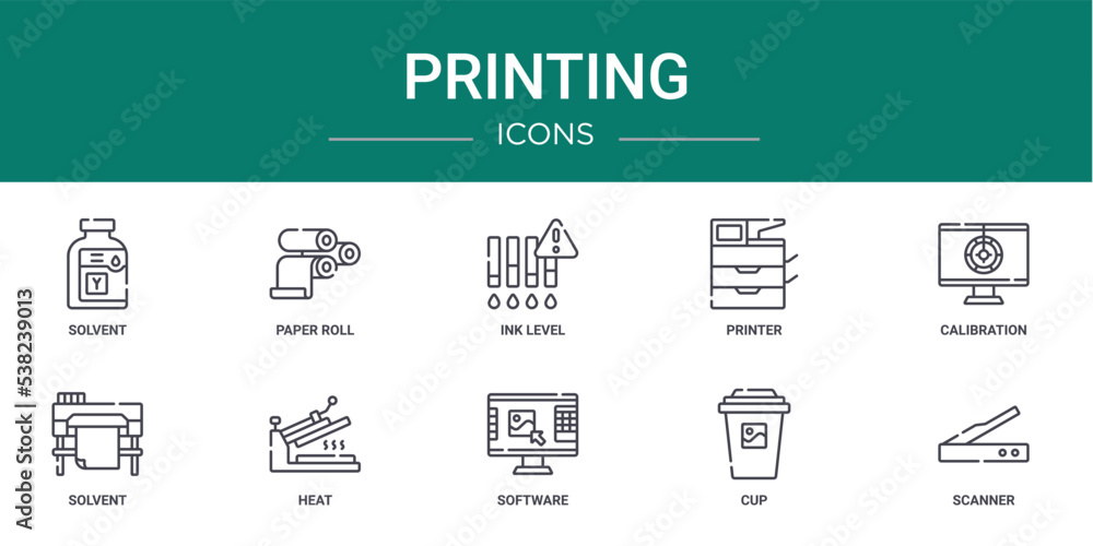 set of 10 outline web printing icons such as solvent, paper roll, ink ...