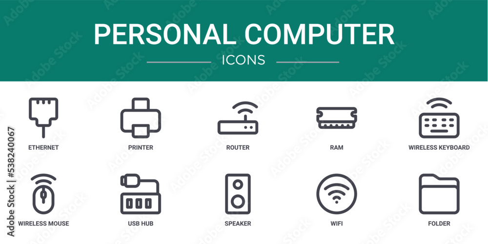 set of 10 outline web personal computer icons such as ethernet, printer ...
