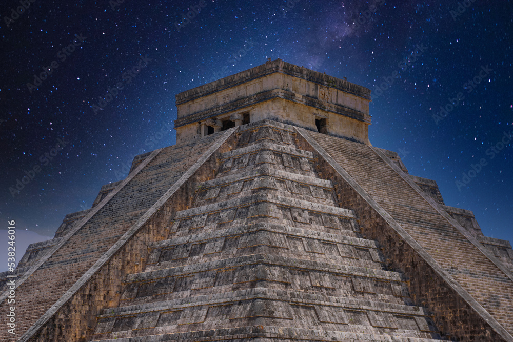 Temple Pyramid of Kukulcan El Castillo with Milky Way Galaxy stars ...