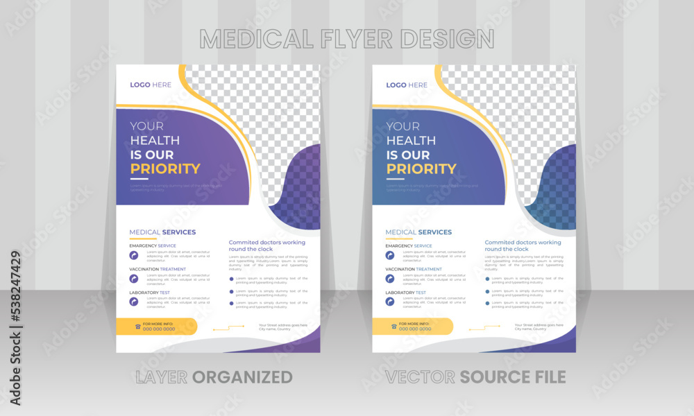 Modern health care company flyer template, 2 color leaflet layout, Vector source file and easy ...
