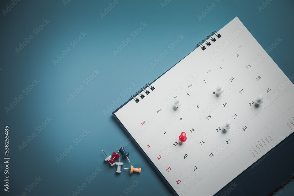 Embroidered red pins on a calendar event Planner calendar,clock to set ...