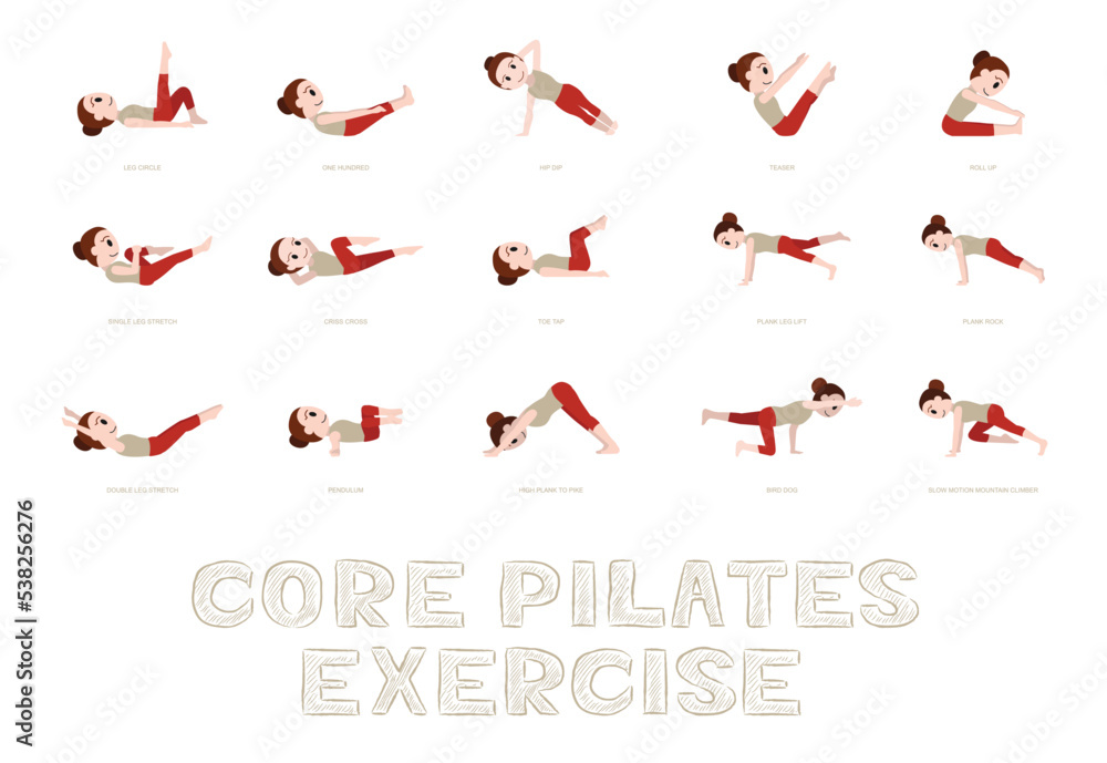 Pilates Core Exercise Pose Cartoon Vector Illustration Set Stock Vector ...