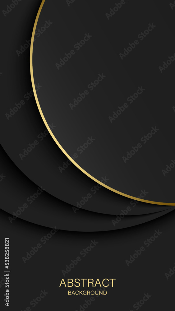 Black abstract paper cut background. Layered circular panels with gold ...