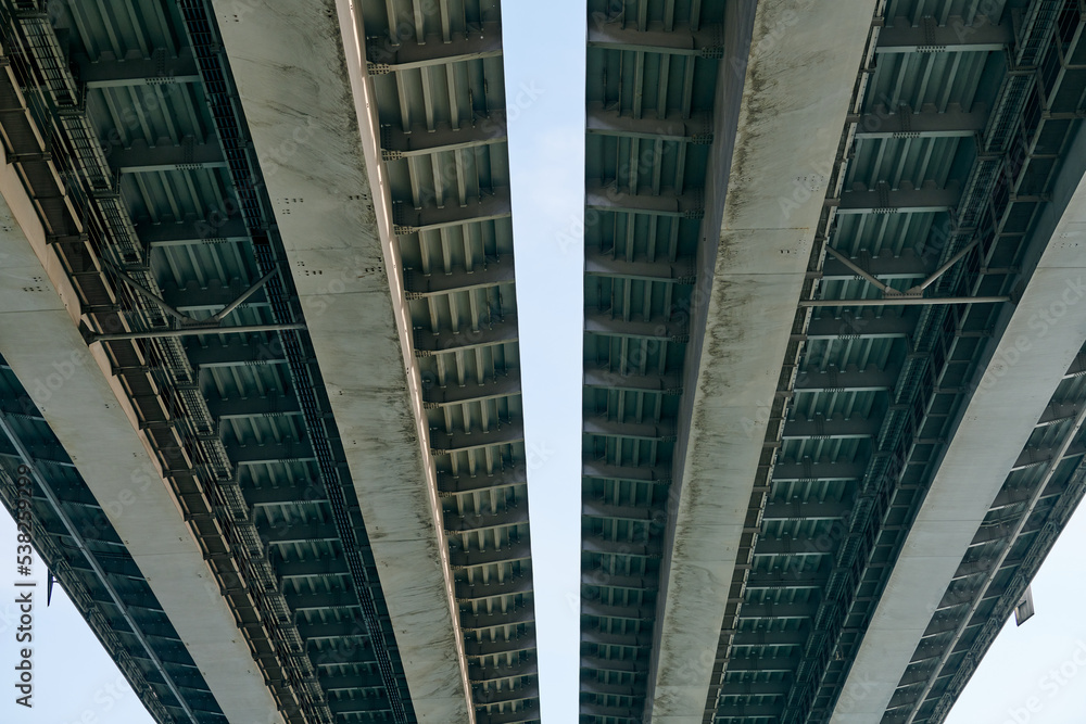 Concrete bridge bottom view in Rostov on Don city over river Don ...