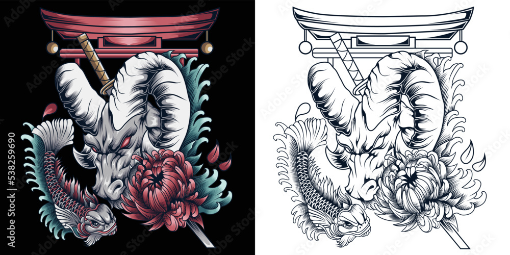 Goat and koi fish vector illustration Stock Vector | Adobe Stock