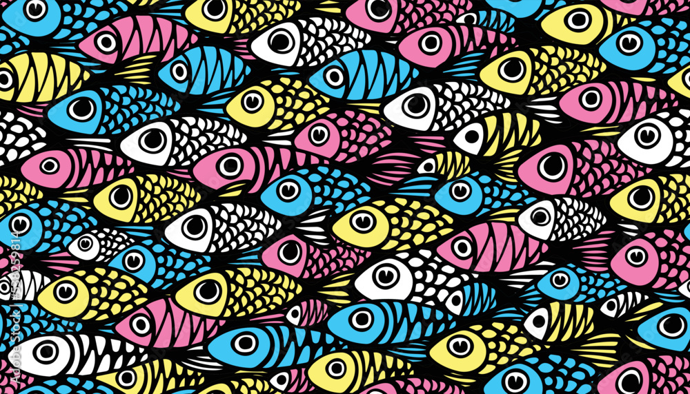 Seamless vector pattern with colorful fish in printed colors. A large ...