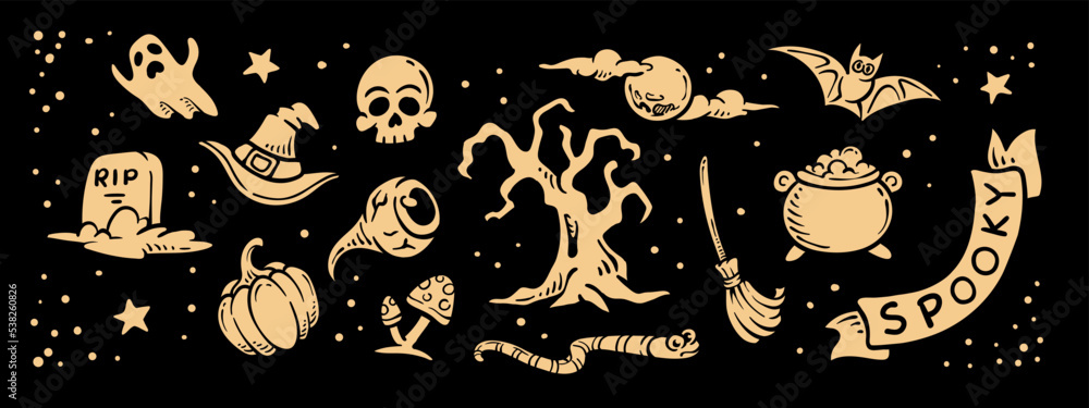 Hand drawn Doodle Halloween set horror icon drawing sketch isolated in ...
