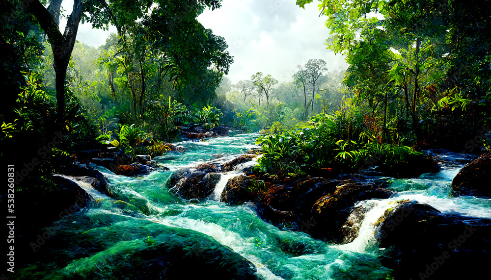 Beautiful river in lush jungle with waterfalls, The river flows through ...