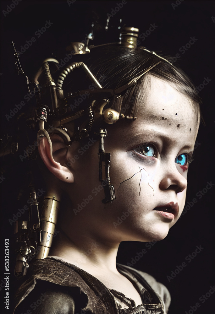 A portrait of a gorgeous steampunk cyborg girl. Created with Generative ...