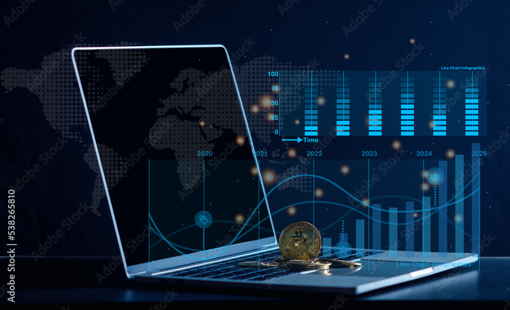 Laptop and Digital money Bitcoin coin Put together. Concept of digital ...