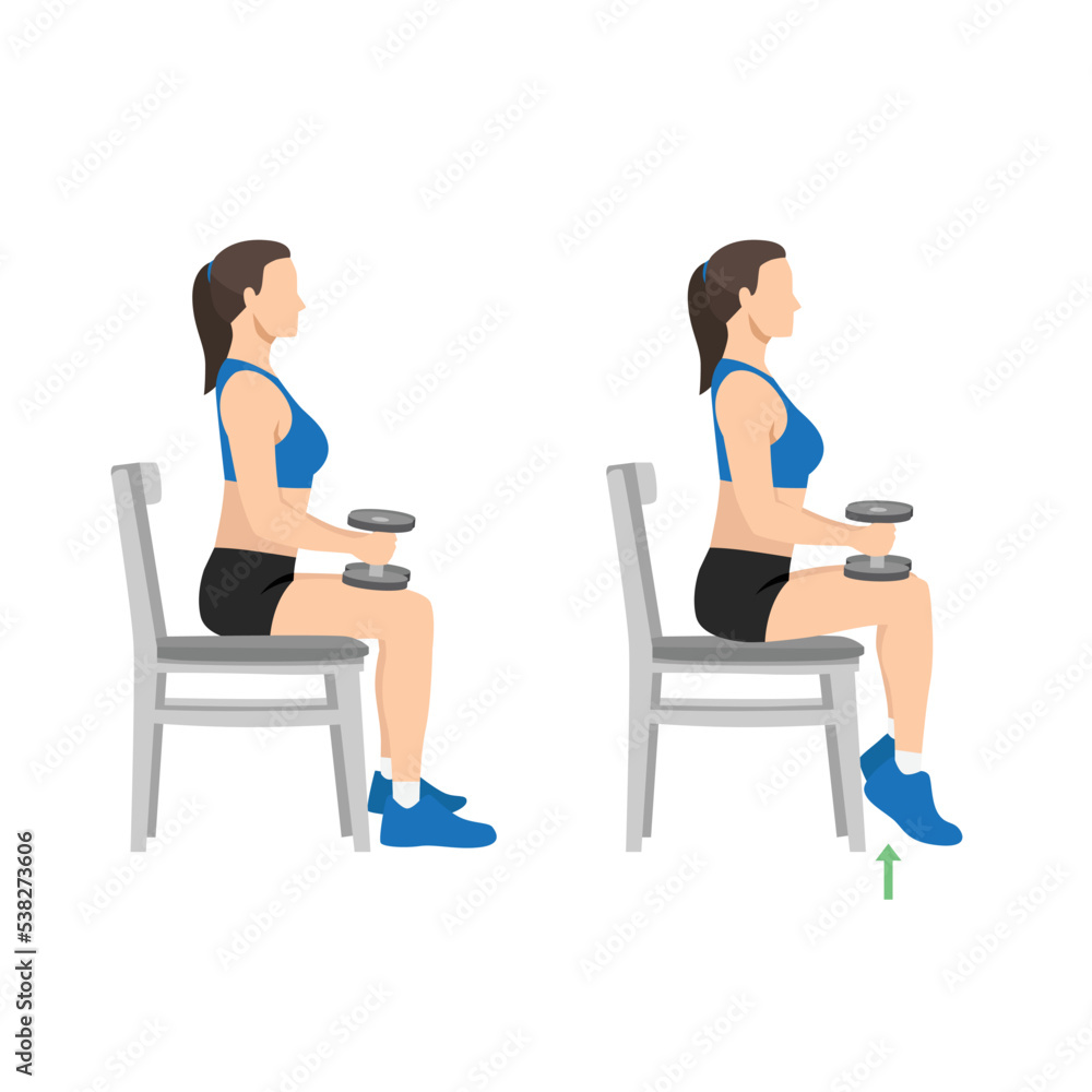 Woman doing seated dumbbell or chair calf raises. Keep both legs at a ...
