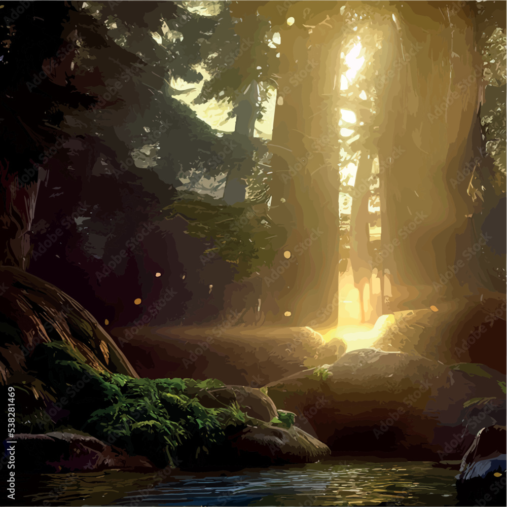 Dark forest cartoon illustration, vector, Moonlight illuminates the ...