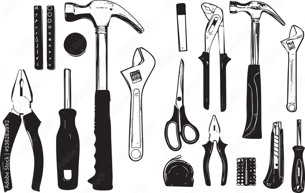 mechanical engineering tools silhouette, carpenter tool outline vector ...