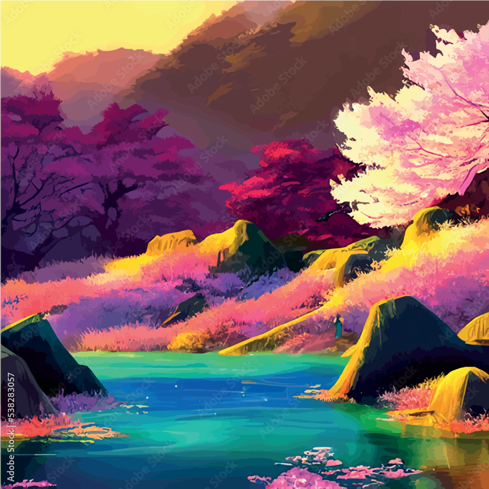 vector illustration. artistic picture Japan volcanic mountains. Asian ...