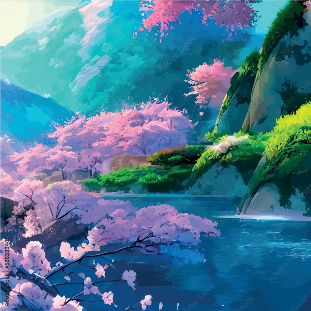 vector illustration. artistic picture Japan volcanic mountains. Asian ...