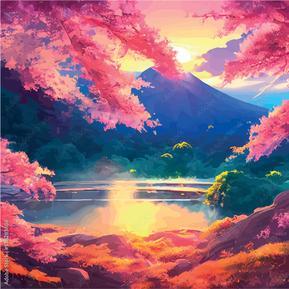 vector illustration. artistic picture Japan volcanic mountains. Asian ...