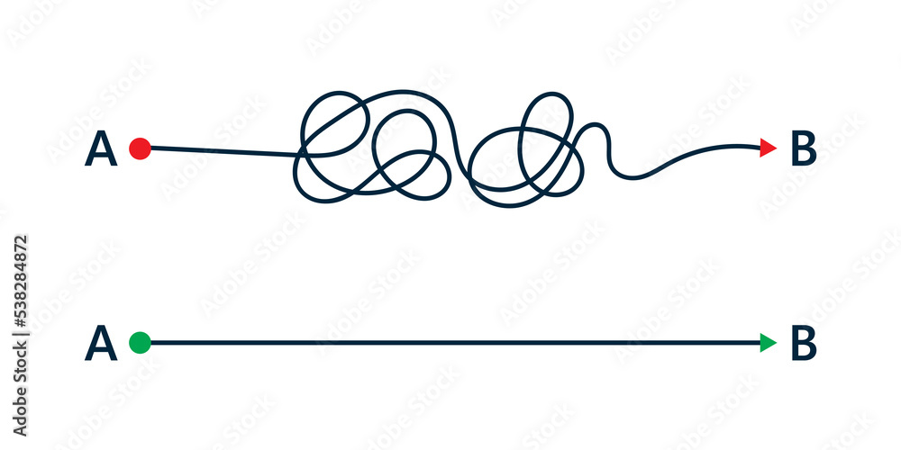 Overcoming obstacles. Complex and easy simple way from point A to B ...