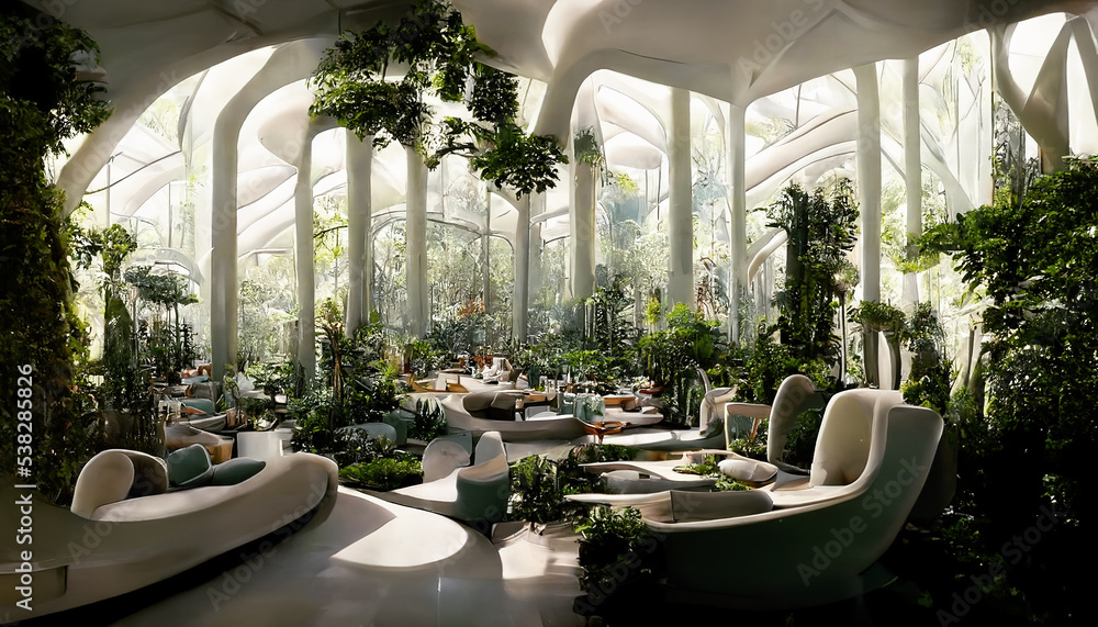 Futuristic indoor botanical garden spectacular design 3D illustration ...