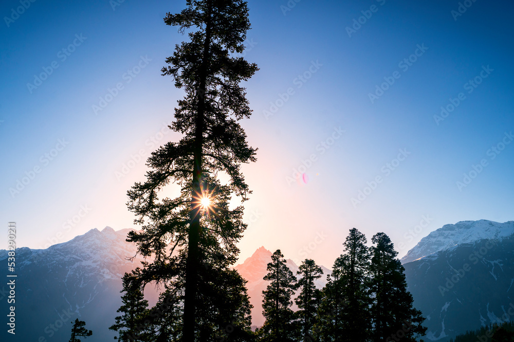 Sunrise in the mountains. These are the scenic meadows of the Parvati ...