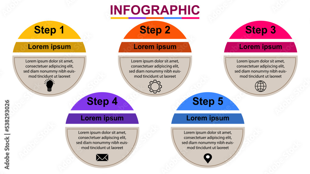 Vector infographic flat template. Circles with icon for five diagrams ...