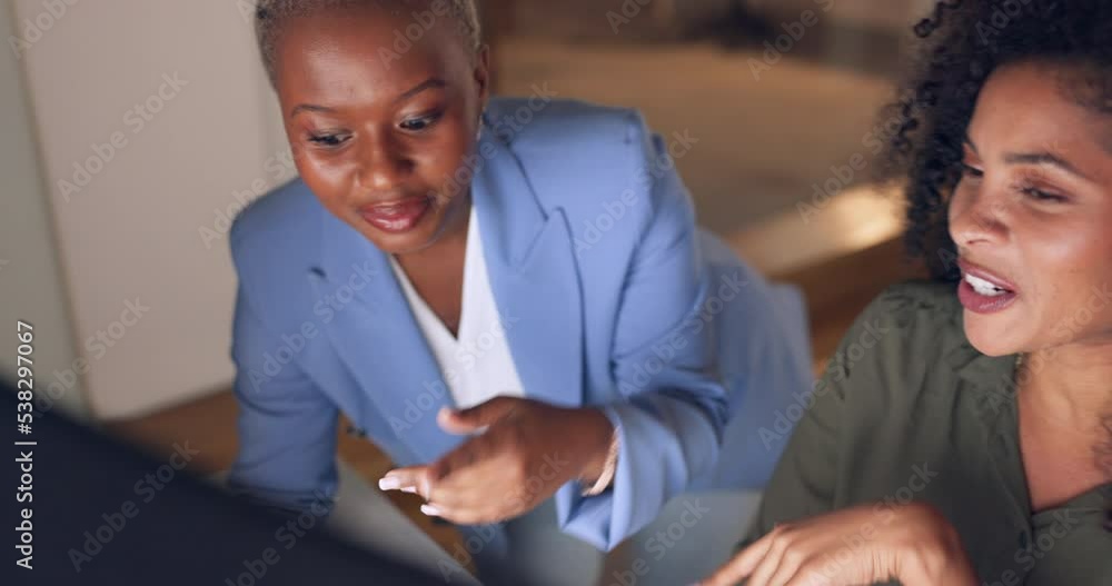 Funny, collaboration and friends with a black woman team of business ...