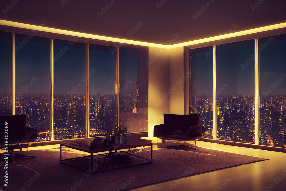 Luxury loft apartman interior, night city life, tokyo skyscrapers ...