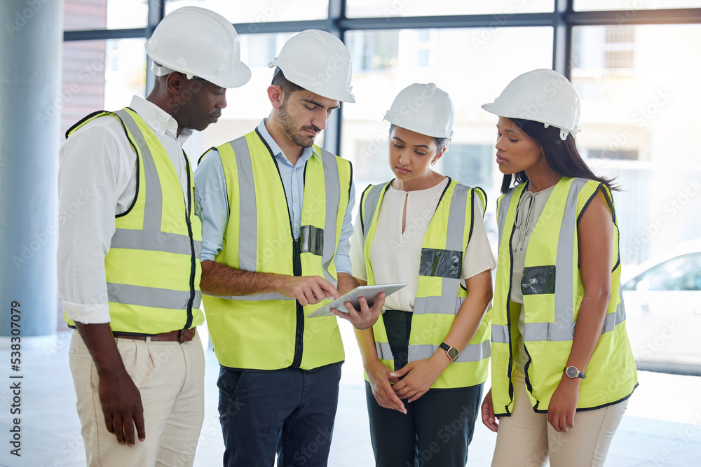 Collaboration, construction and architecture team with tablet working ...