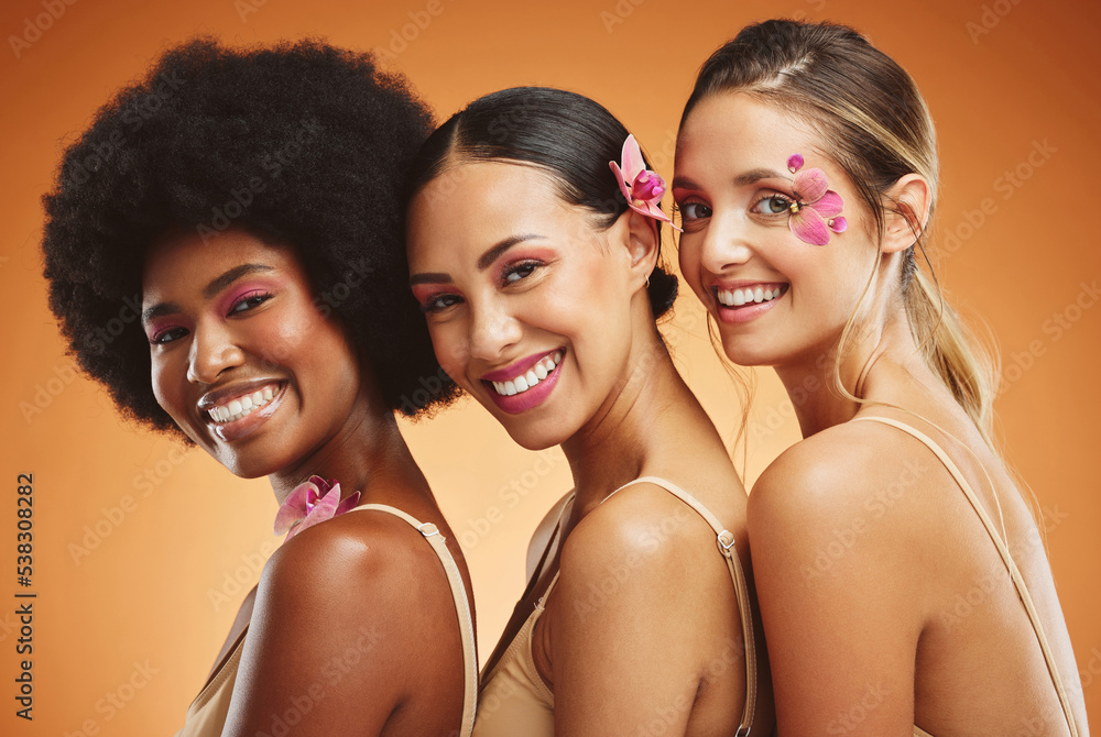 Beauty, skincare and diversity with a model woman group in studio on an ...