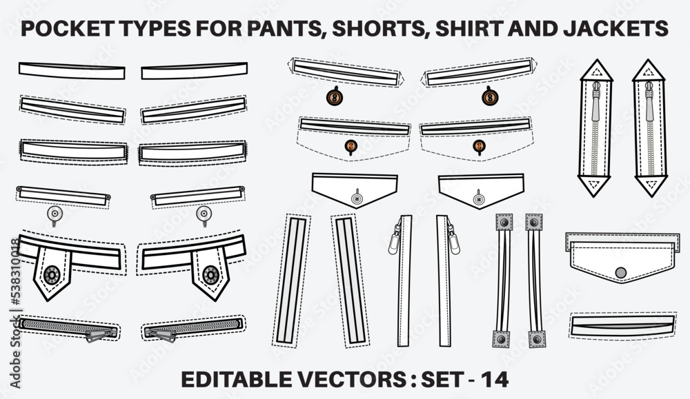 Welt and jetted Trouser pocket flat sketch vector illustration set ...