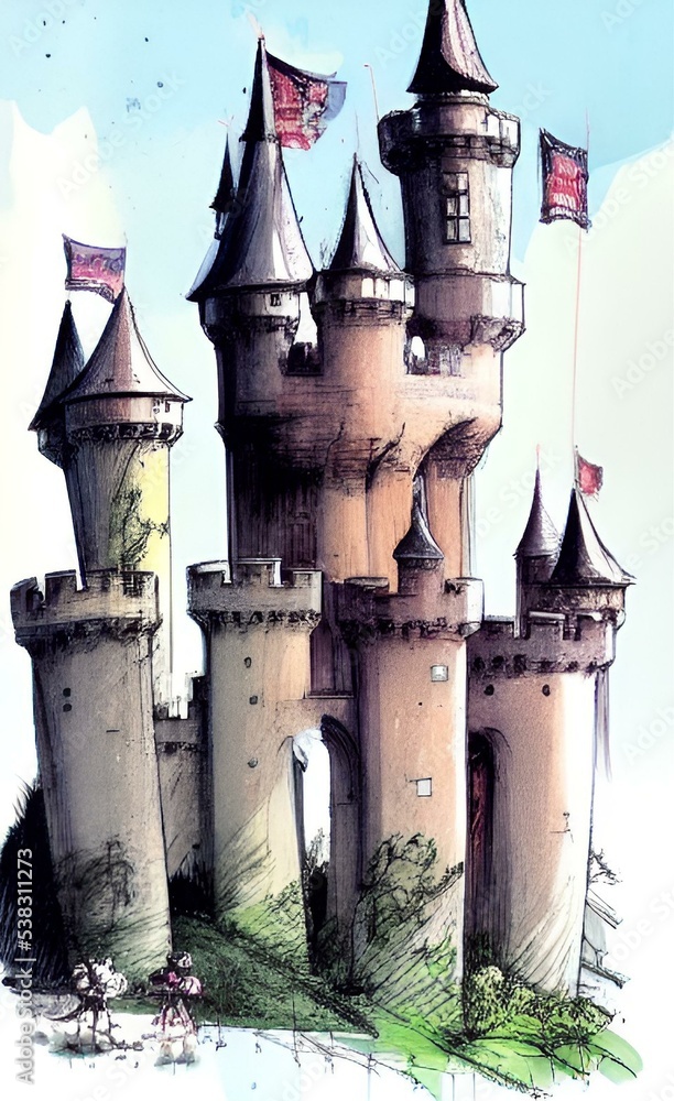 Drawing of a medieval castle. Architecture. Bastion. Stock Illustration ...