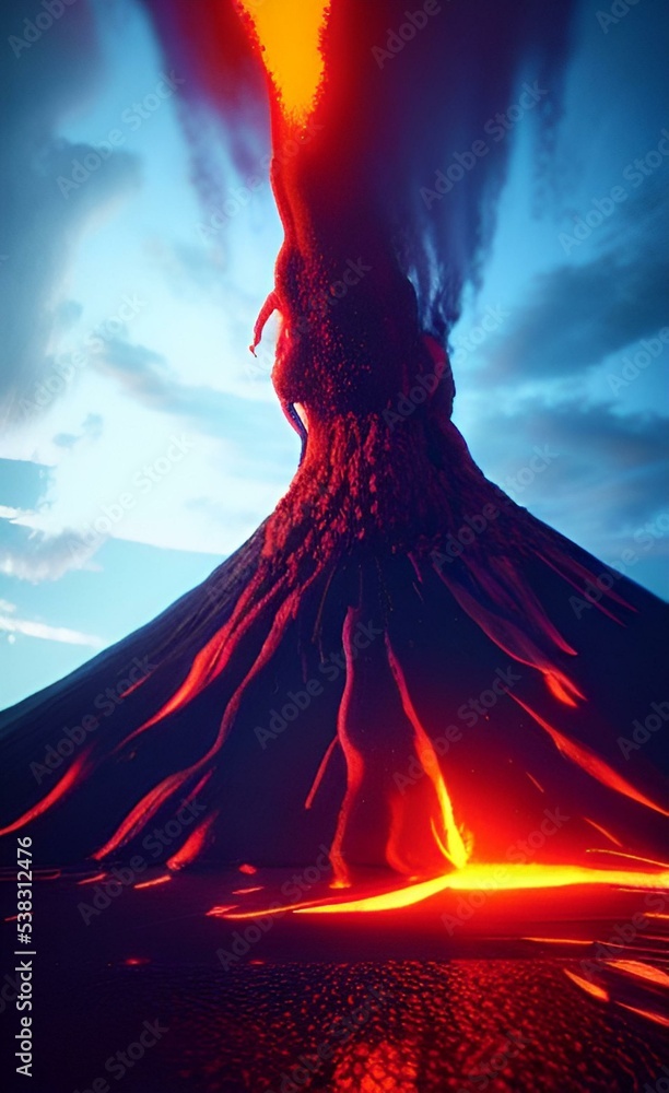 Drawing of an active volcano. Eruption. The mountain. Pillar of ash ...