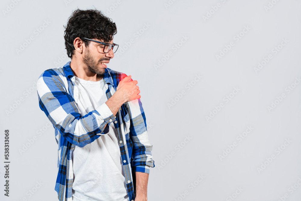 Man suffering from upper arm inflammation. Arm and shoulder pain ...