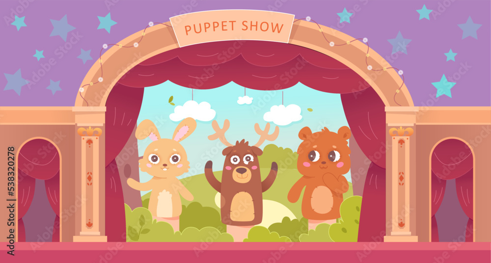 Puppet show with marionettes on theater stage, booth with red curtains ...
