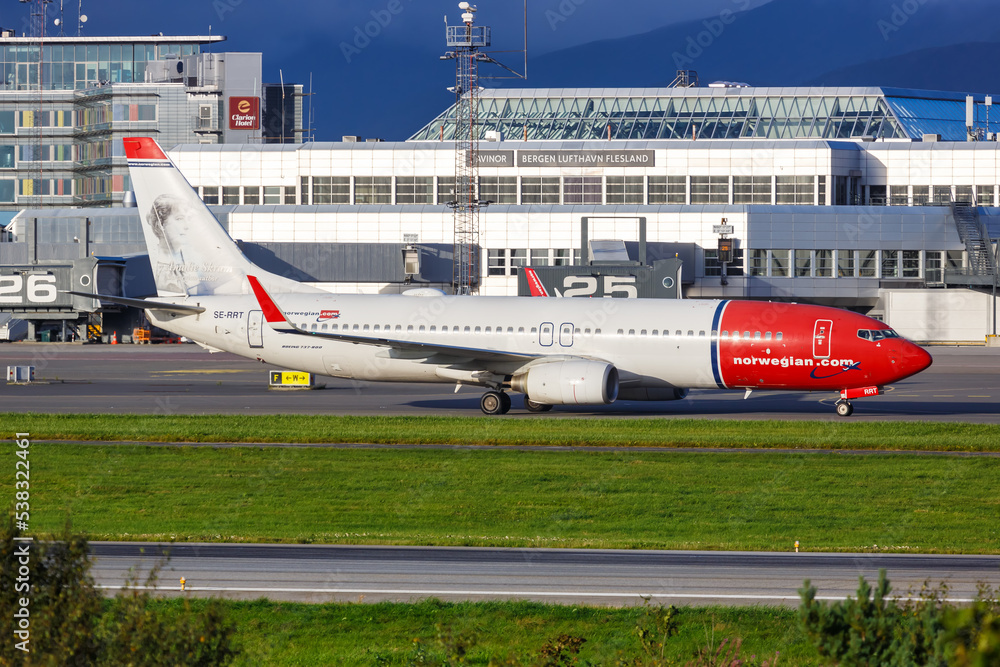 Norwegian Boeing 737-800 airplane Bergen airport in Norway Stock Photo ...