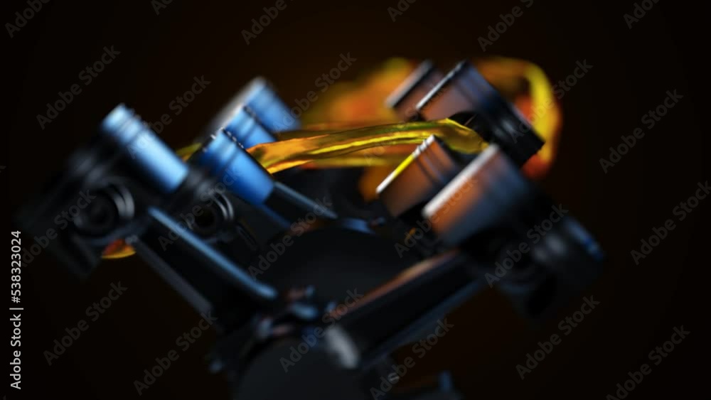 3d footage with car engine working. Concept of motor with oil lubricant ...