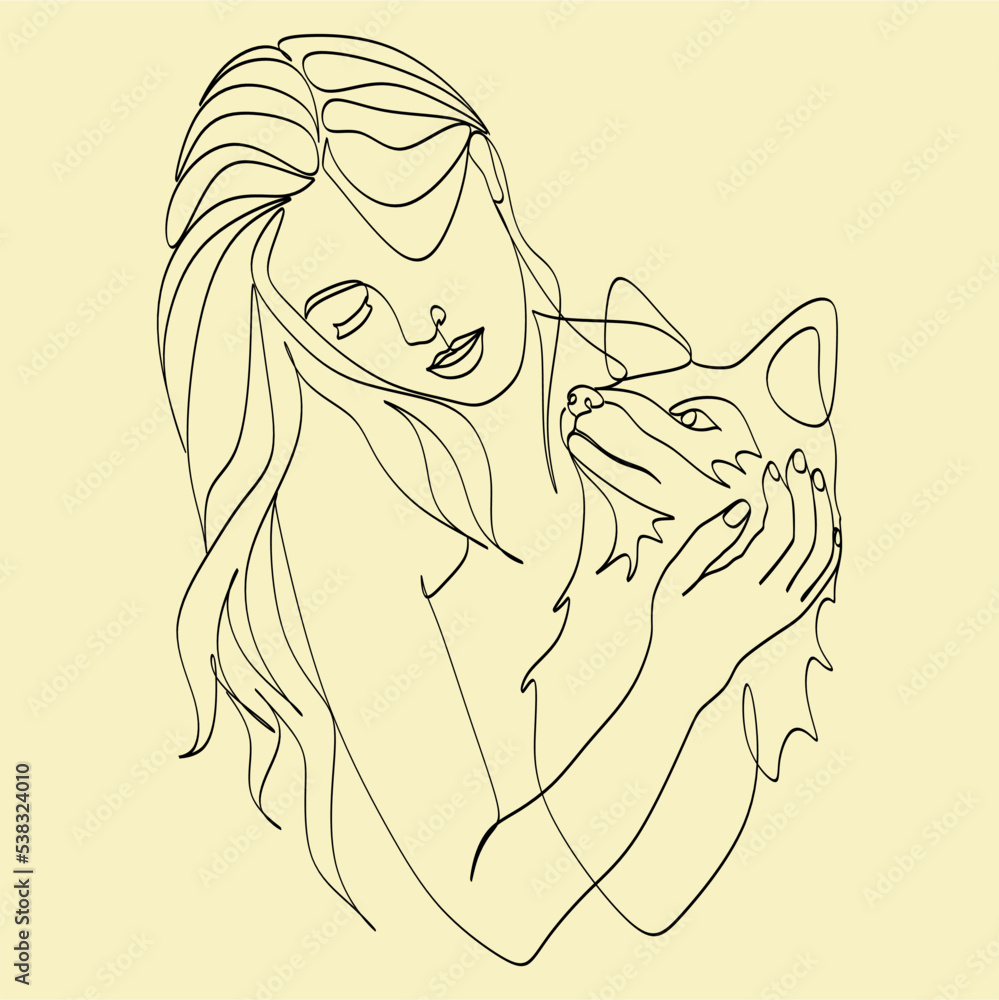 Continuous line drawing of woman happy pet lover with dog. Young female ...