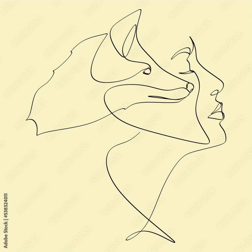 Continuous line drawing of woman happy pet lover with dog. Young female ...