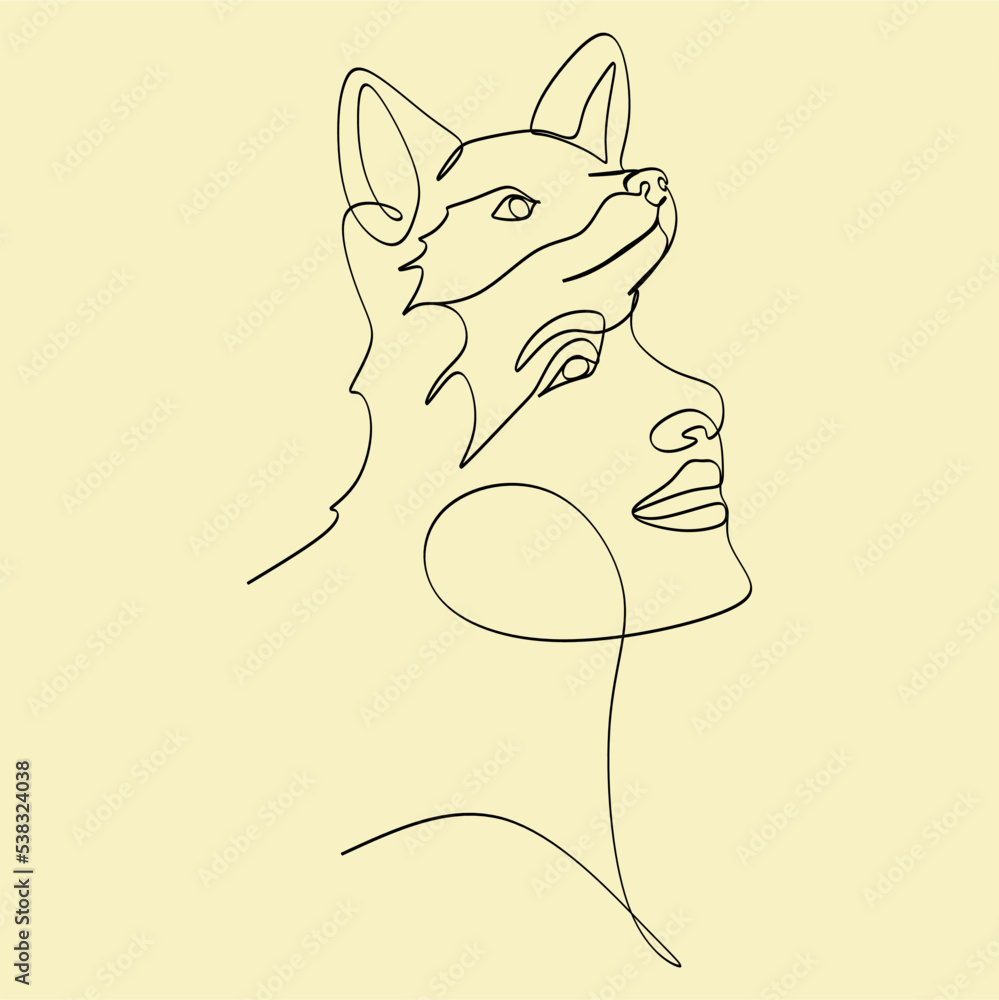 Continuous line drawing of woman happy pet lover with dog. Young female ...