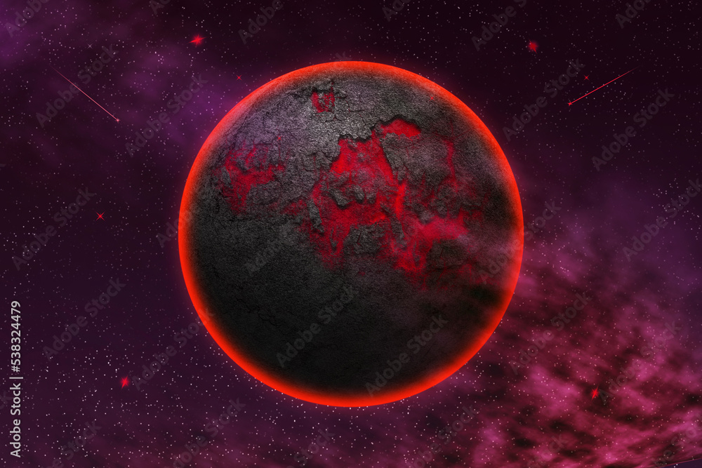 Burning cracked planet in the cosmic sky. 3D illustration. The concept ...