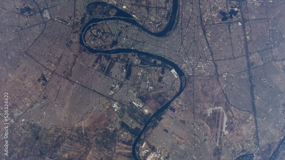Stockvideon Aerial high altitude satellite view of downtown Baghdad ...