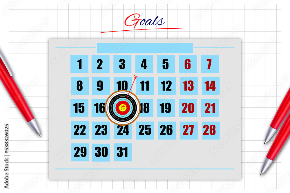 Goals concept. Calendar with the date marked as a target with an arrow ...