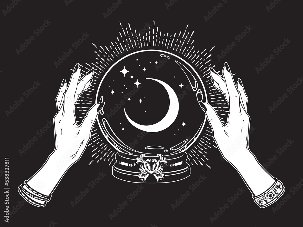 Magic crystal ball with crescent moon and stars in hands of fortune ...