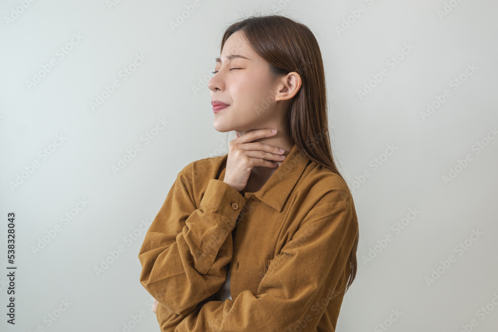 Sickness in inflaming asian young woman, girl use hand check self touch ...