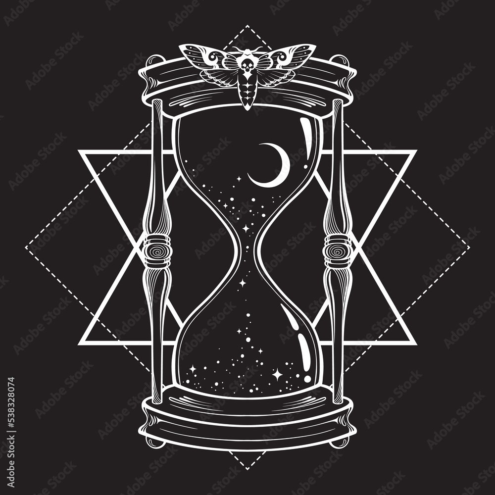Hand drawn line art hourglass with moon and stars isolated boho sticker ...