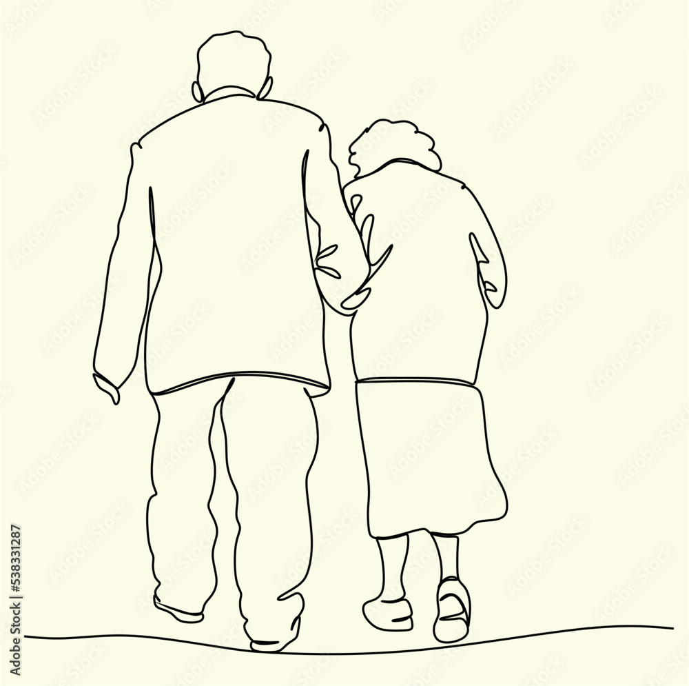 Elderly couple in continuous line art drawing style. Senior man and woman walking together ...