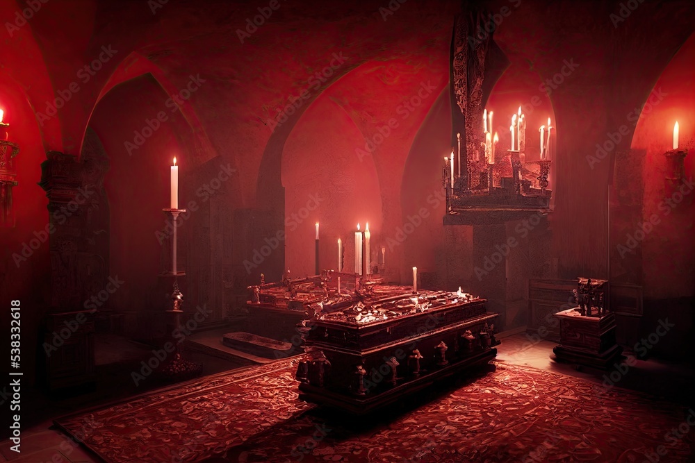 interior of Dracula castle, victorian furnitures and coffin illuminated ...