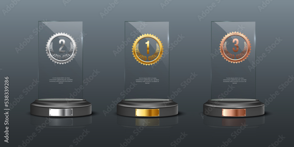 Glass awards realistic vector illustration. Crystal prizes with golden ...
