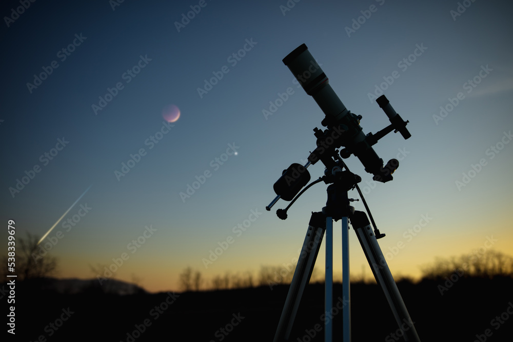 Astronomical telescope and equipment for observing stars, Milky way ...