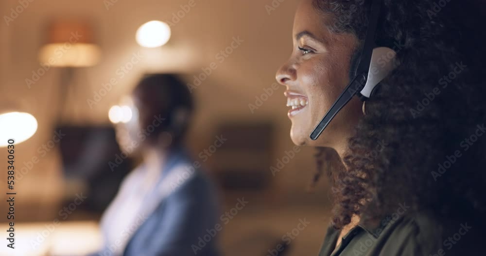 Call center, night and black woman consulting with people online in a ...