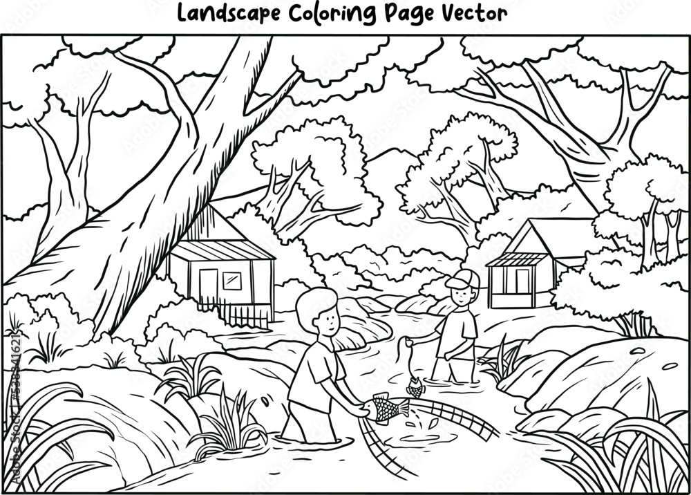 landscape coloring page vector for adult Stock Vector | Adobe Stock